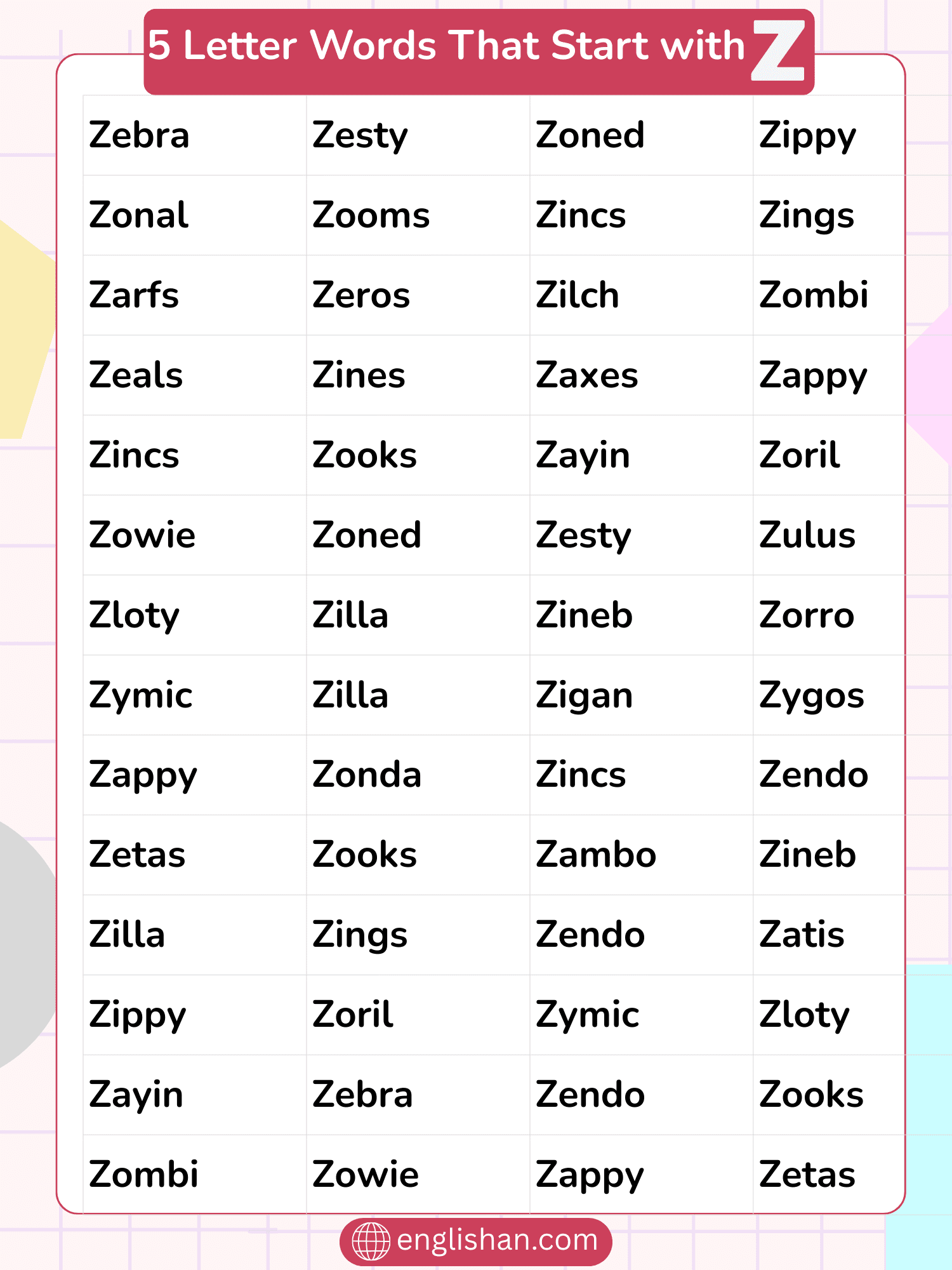 129 Popular 5 Letter Words Starting With Z | Vocabulary