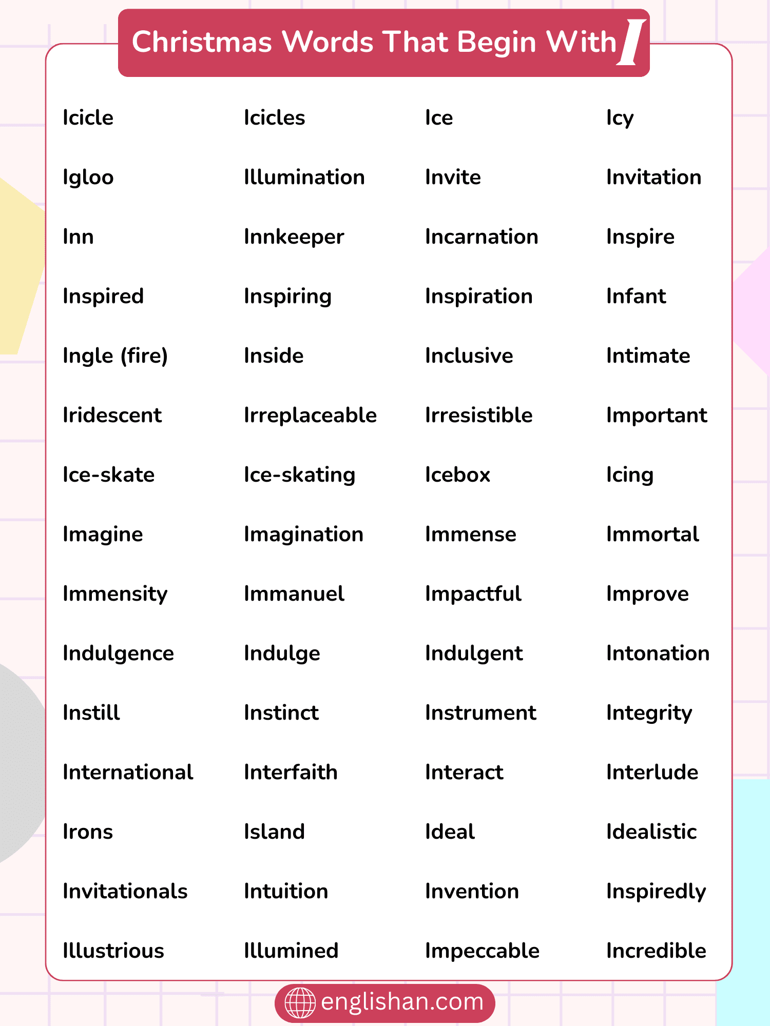 List of 120 Christmas Words That Begin With I | Kids Vocabulary