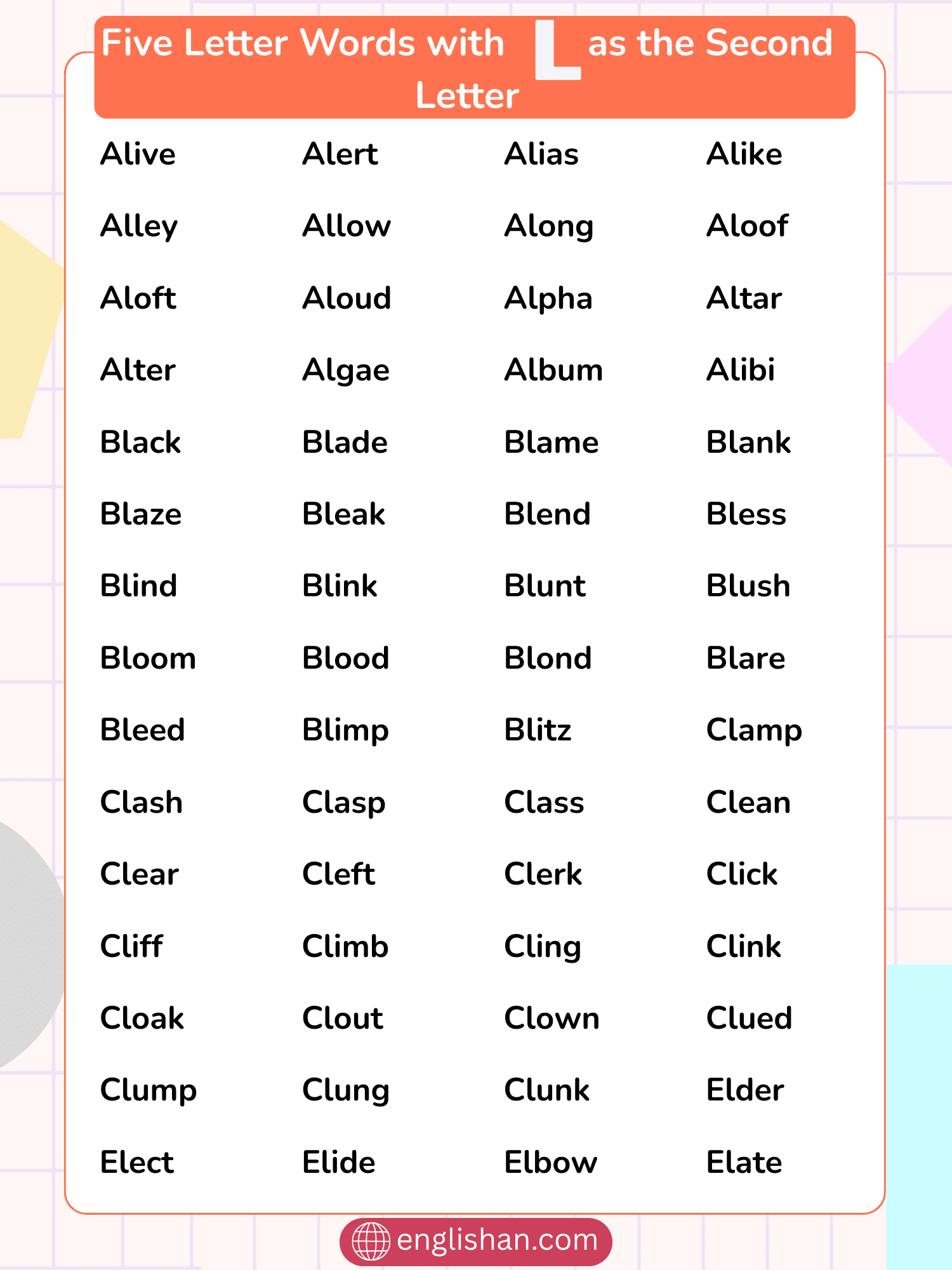 170 Five Letter Words with L as the Second Letter in English