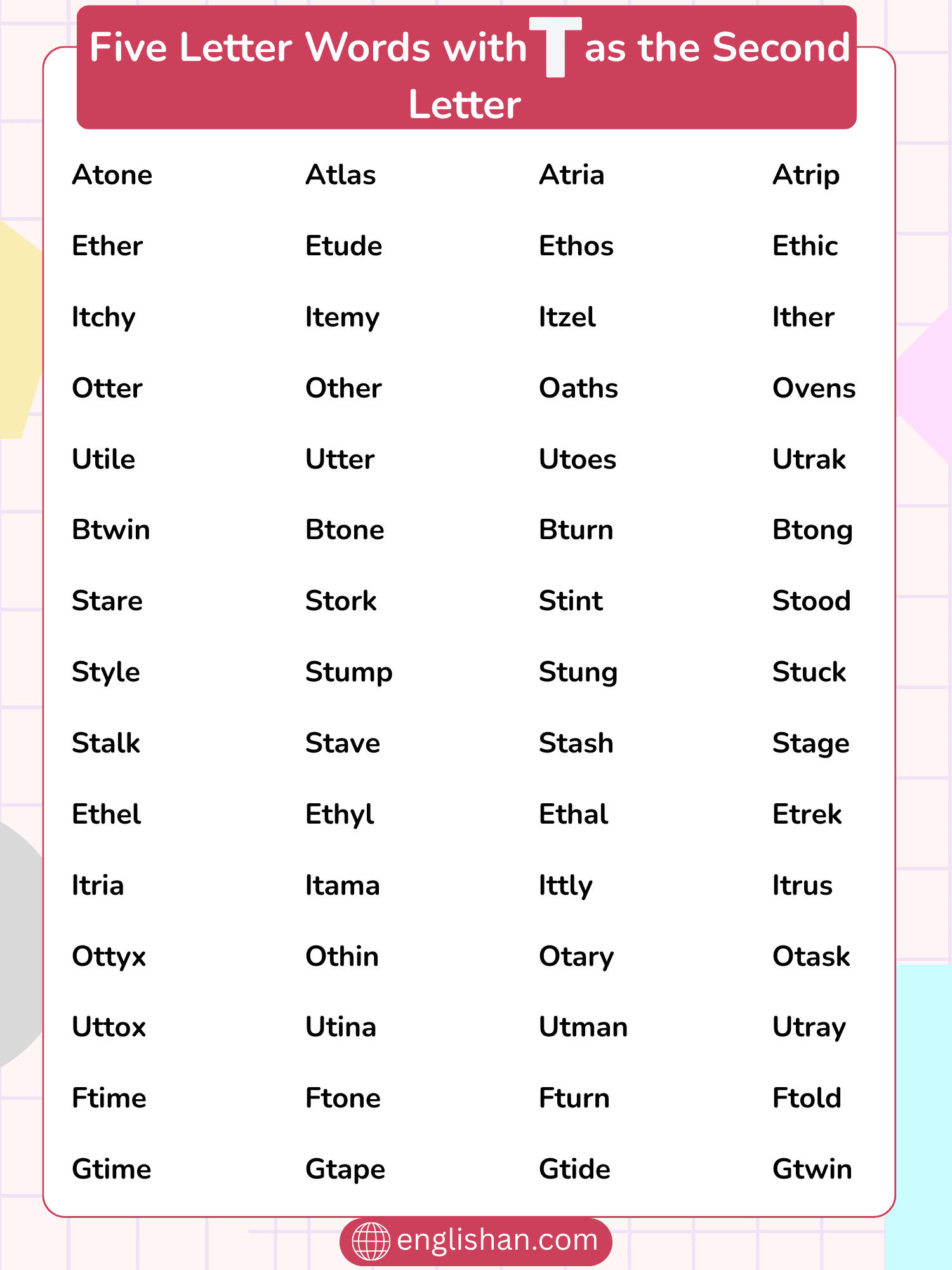135 Five Letter Words with T as the Second Letter in English