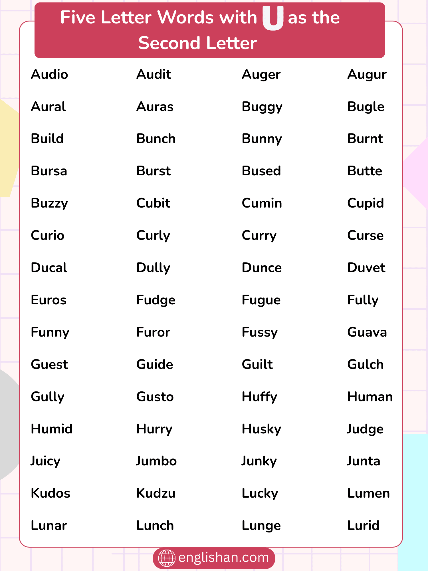 160 Five Letter Words with U as the Second Letter in English