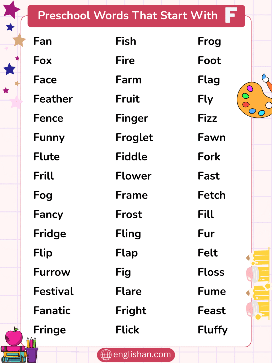 30 Preschool Words That Start With F in English