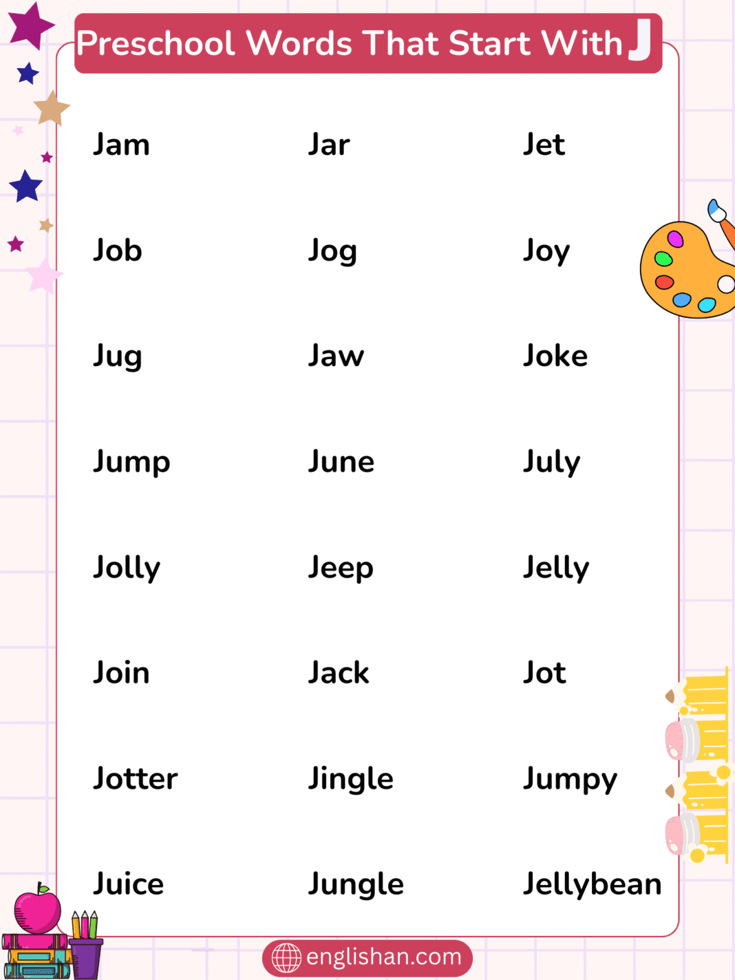 30 Preschool Words That Start With J in English