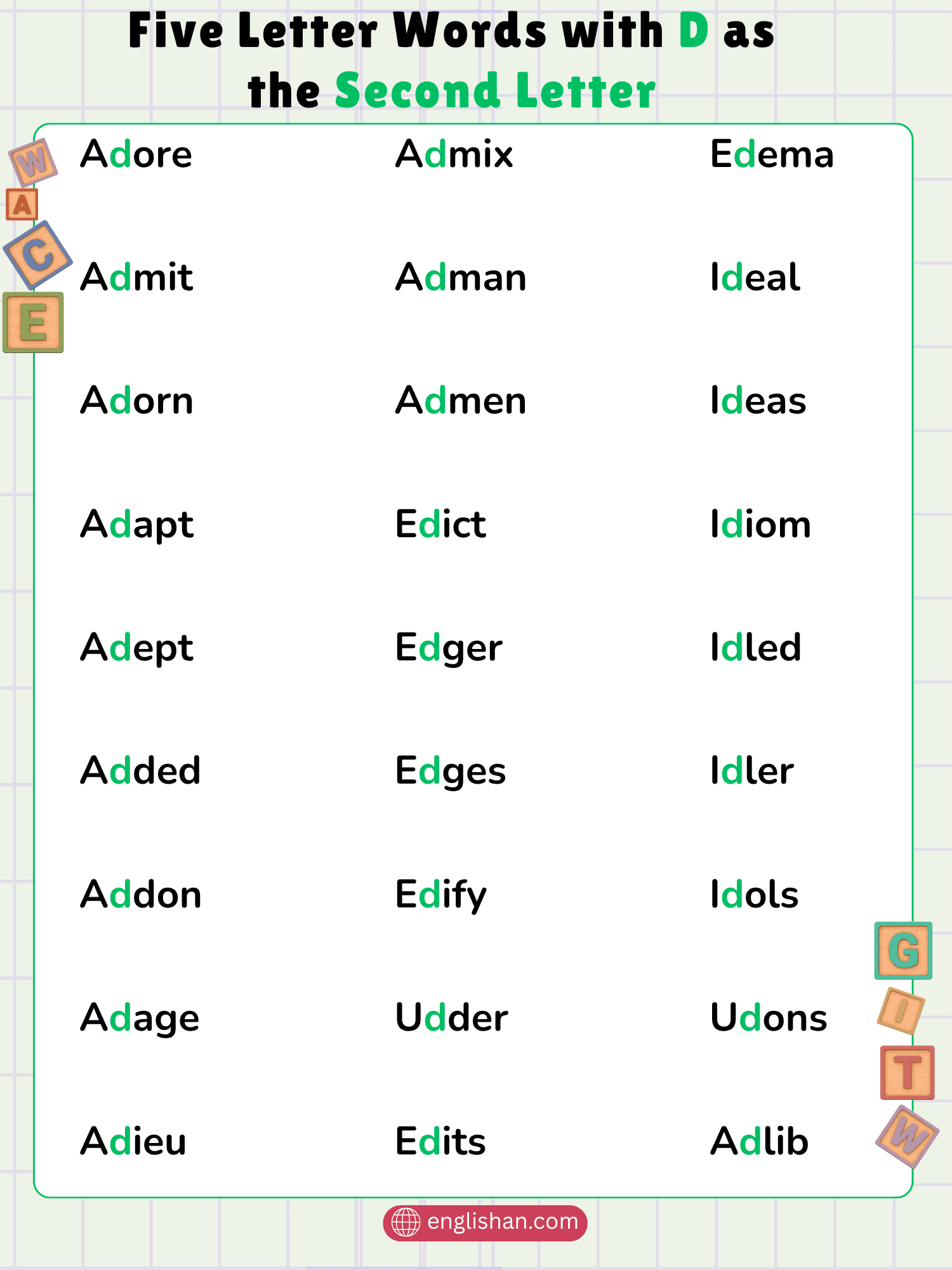 120 Five Letter Words with D as Second Letter in English