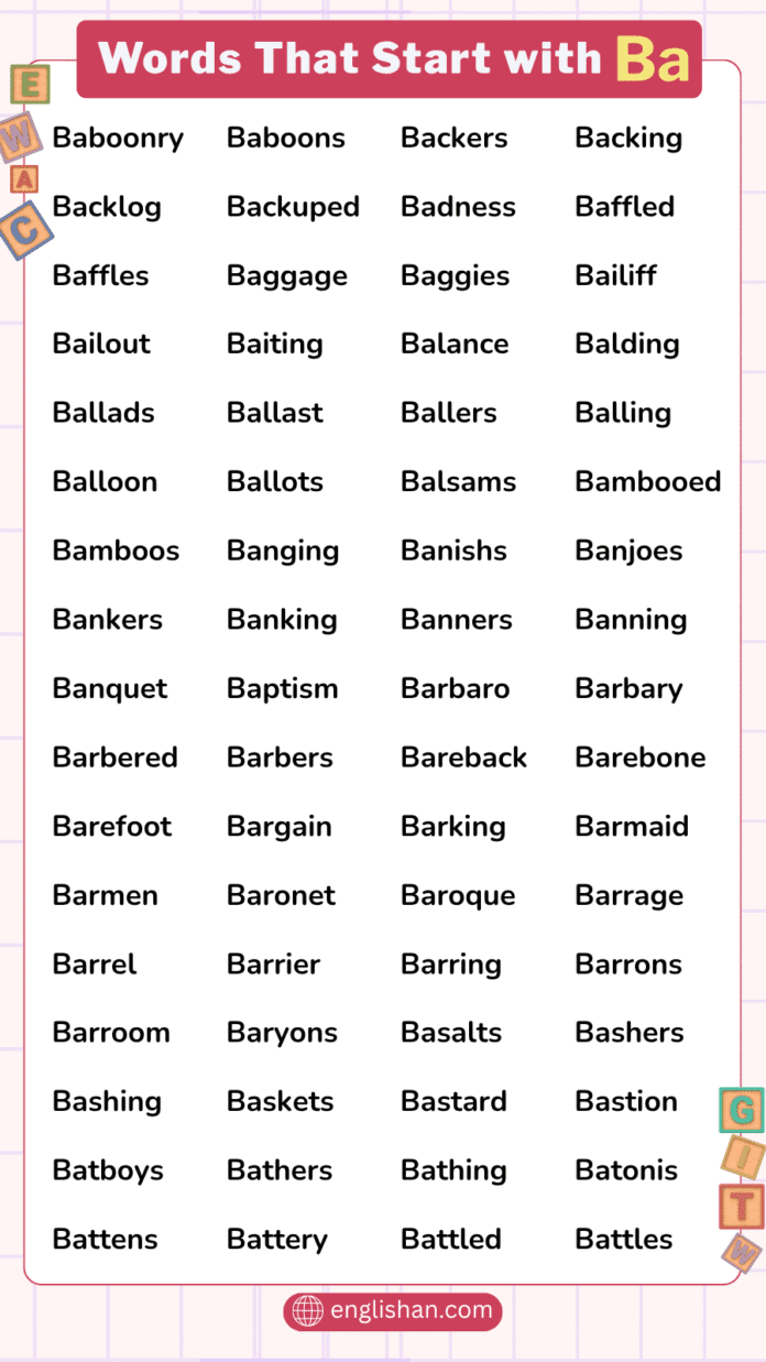 Words that Start with Ba – List of 1100 BA Words