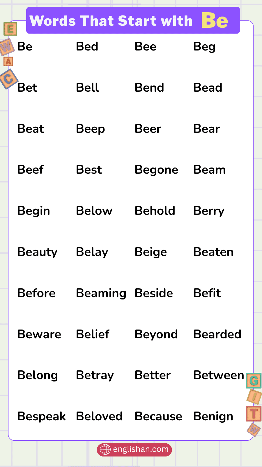 1500 Words That Start with Be – Complete Be Words List