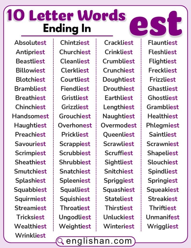 Words That End in EST – Comprehensive Word List