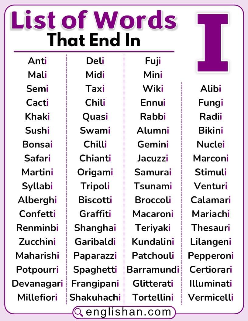 Words That End in I: Full List for English Learners