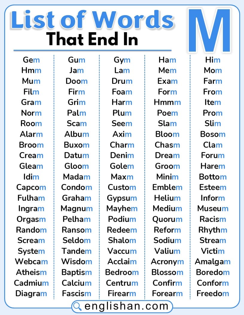 800+ Words That End in M: Complete Vocabulary List