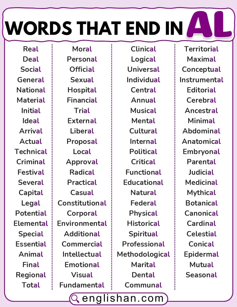Words That End in AL – Complete Word List