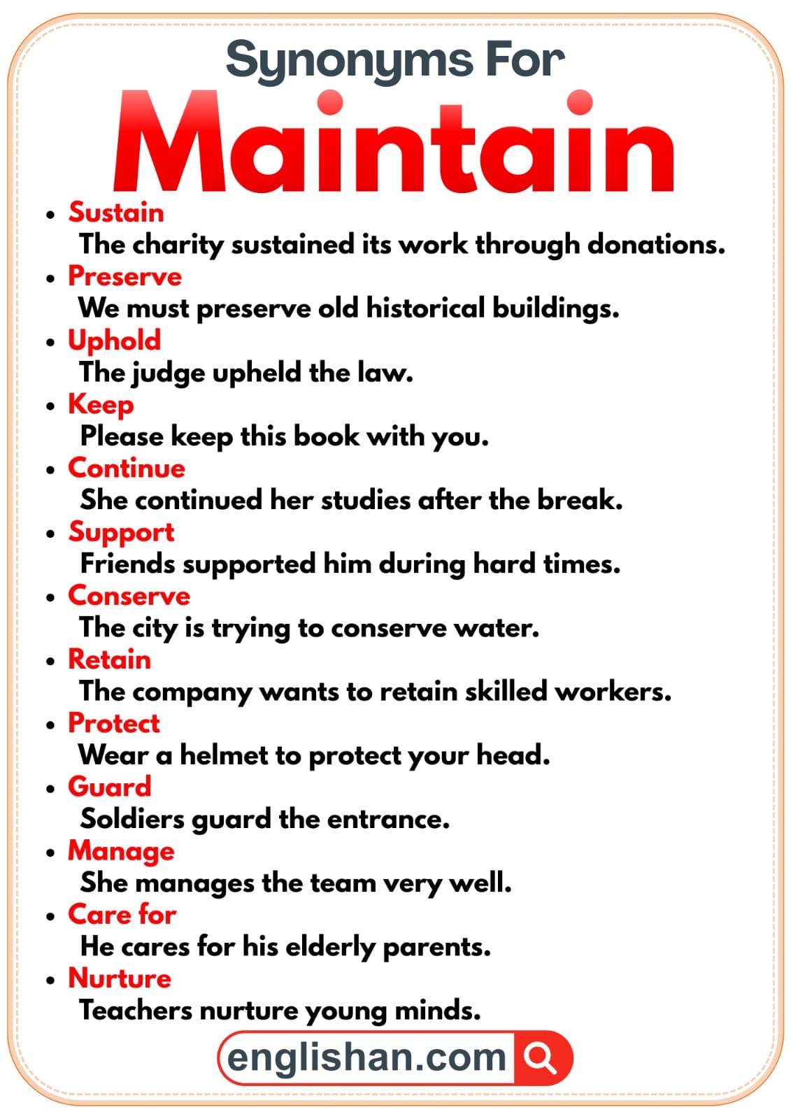 100 Synonyms for Maintain with Meanings and Examples