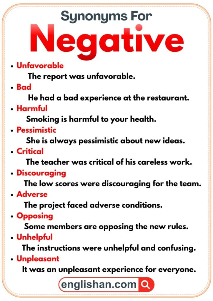 Synonyms for Negative: List of 20 Alternatives with Examples