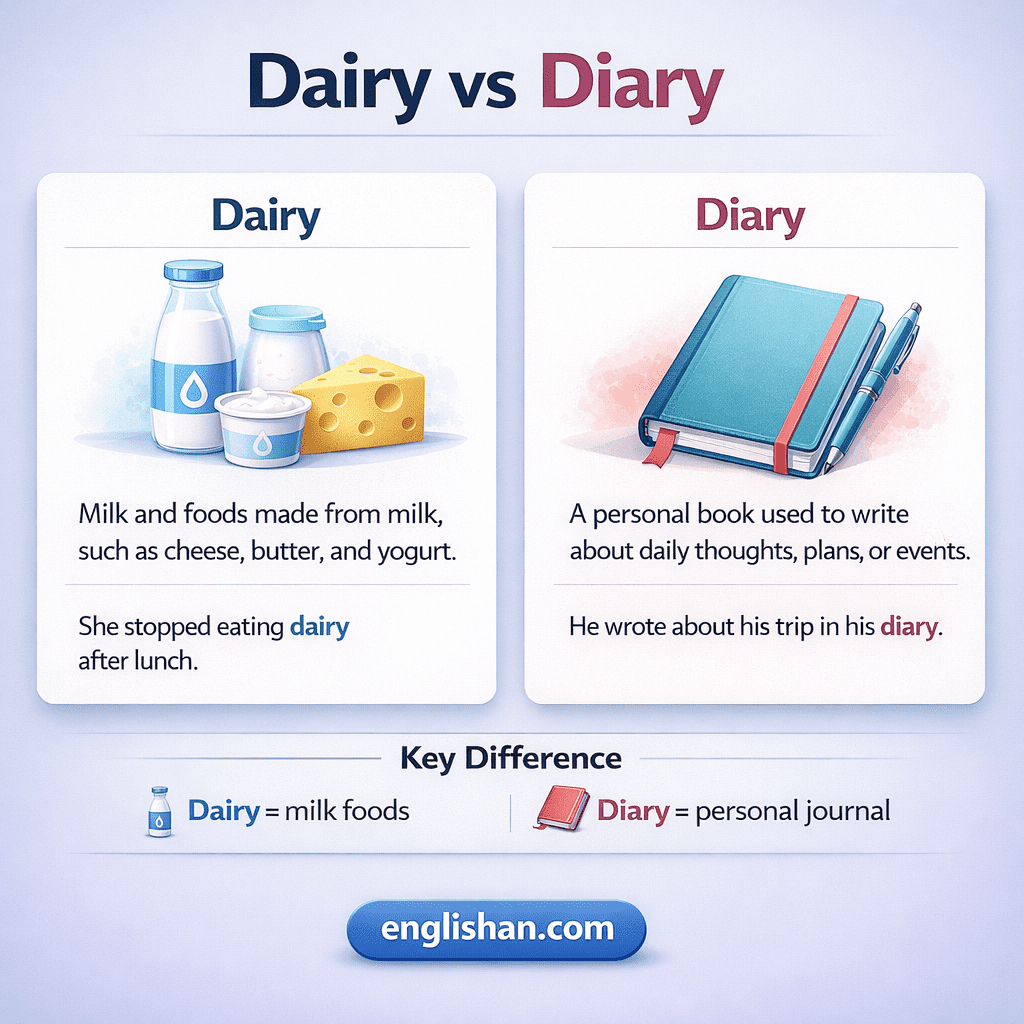 Dairy vs Diary: Difference, Meaning, and Examples