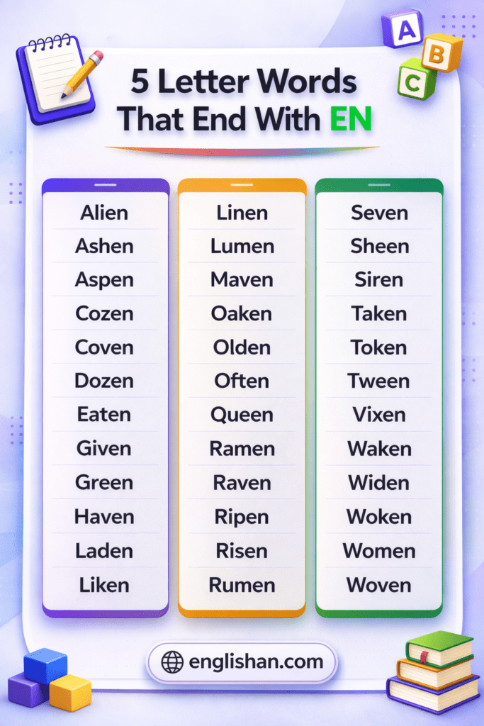 100+ 5 Letter Words That End with EN